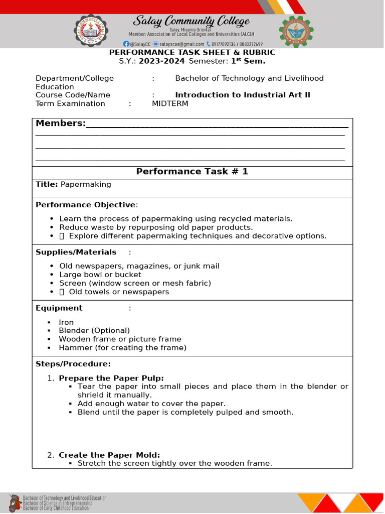 Papermaking Task Sheet and Rubrics For BTLEd Major | PDF