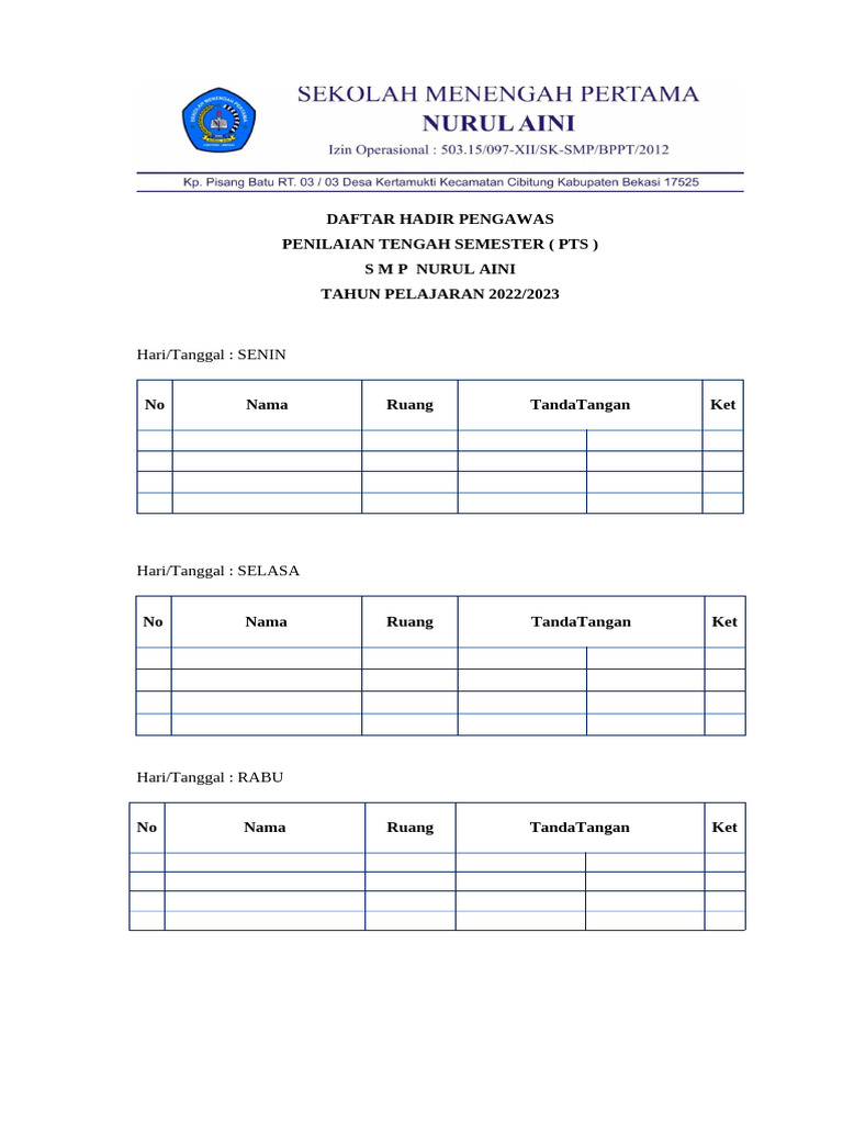 Daftar Hadir Pengawas Pas SMP | PDF