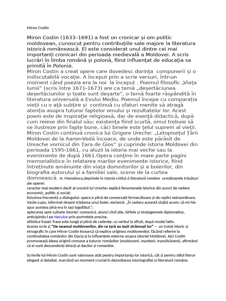 Neculce: "De Neamul Moldovenilor, Din Ce Țară Au Ieșit Strămoșii Lor" | PDF