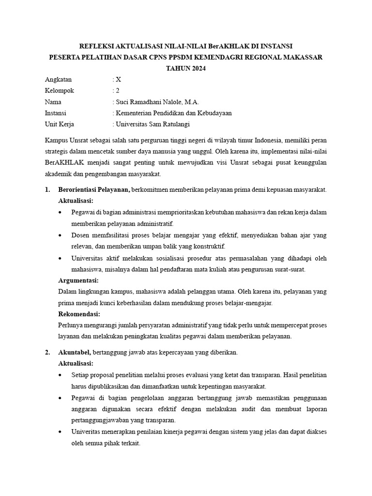 Tugas Individu 2 Agenda II Refleksi Aktuliasasi Nilai BerAKHLAK ASN | PDF