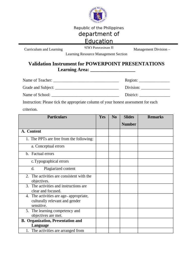 Validation Instrument For Activity Sheets | PDF | Cognition | Cognitive Science