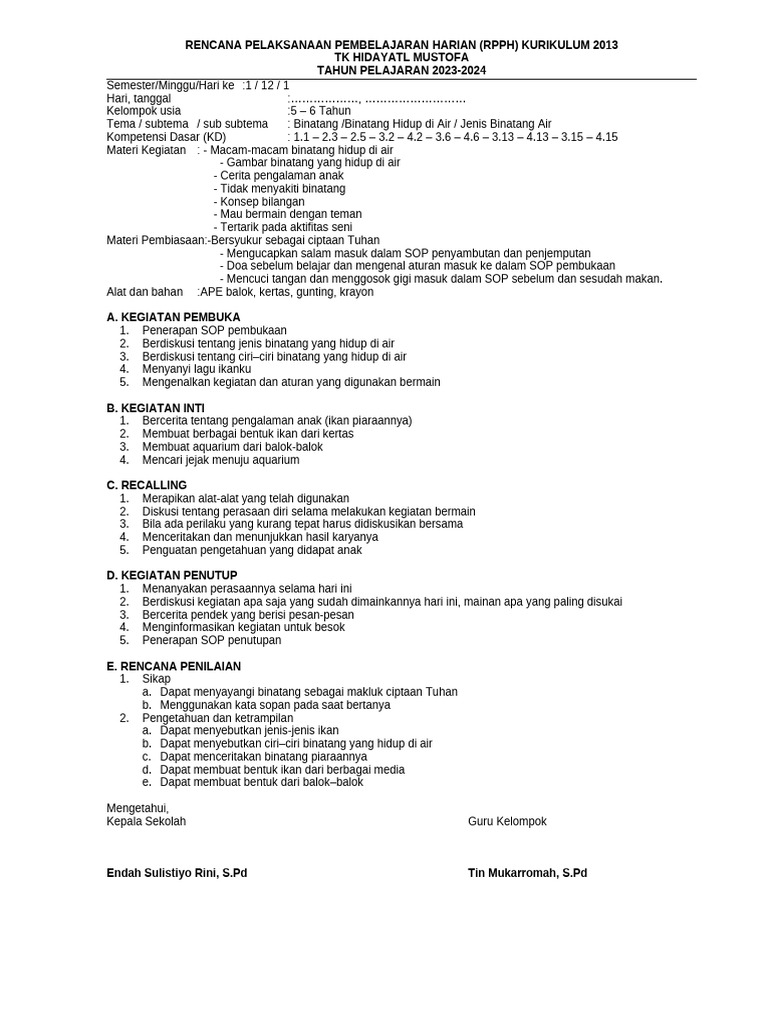 RPPH TK-B SMT1 Minggu - 12 - Binatang Hidup Di Air | PDF