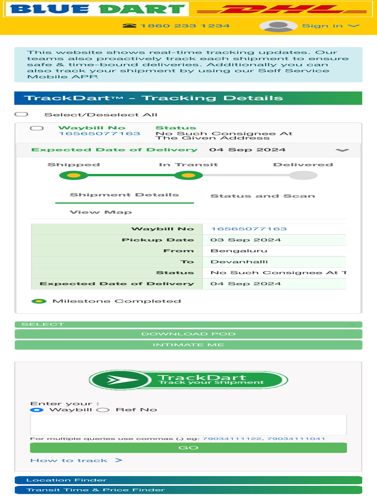 Blue Dart Courier Tracking Details | PDF