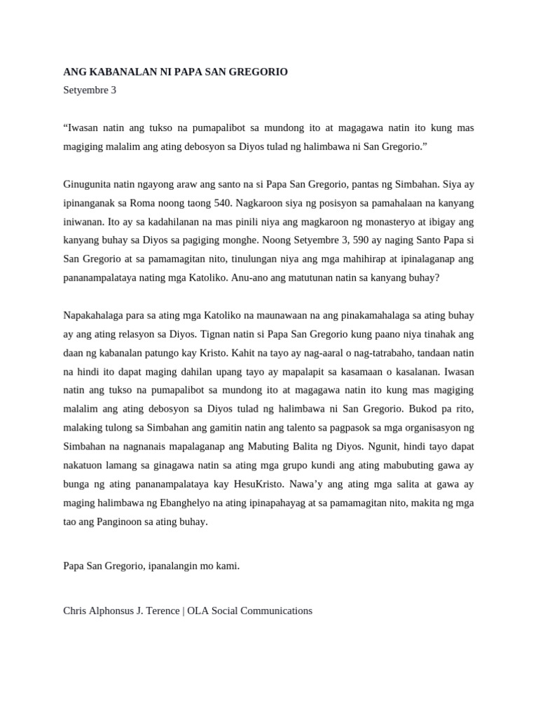 Setyembre 3 - Ang Kabanalan Ni San Gregorio | PDF