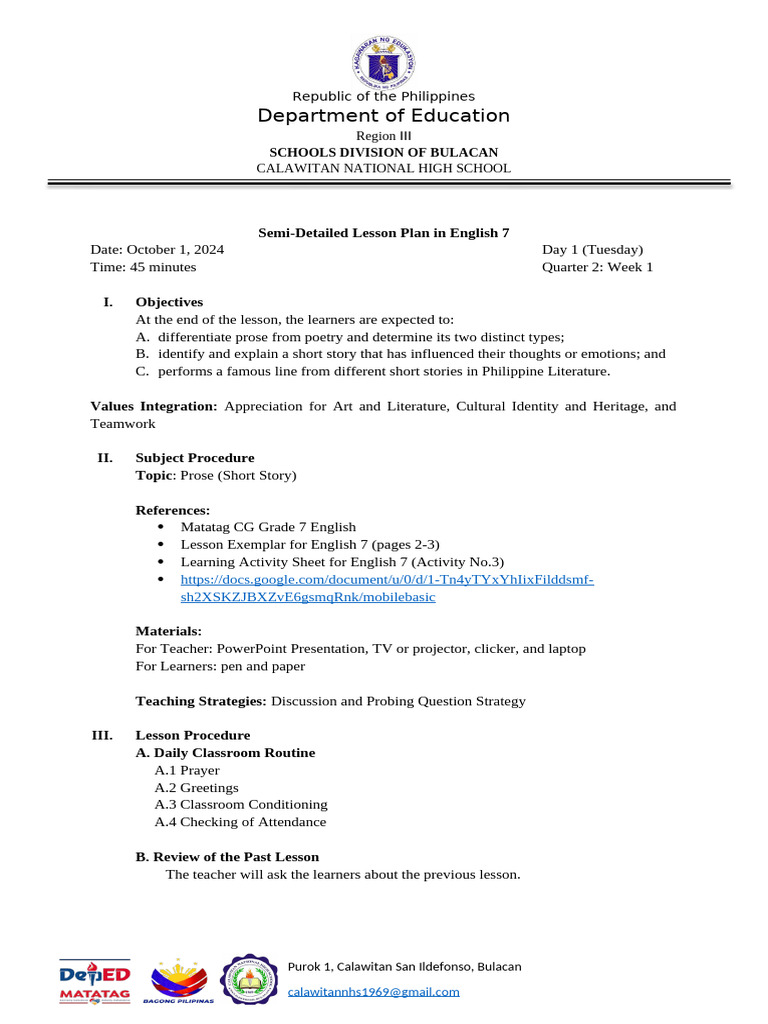 English 7 Prose Lesson Plan | PDF | Lesson Plan | Foreign Language Studies