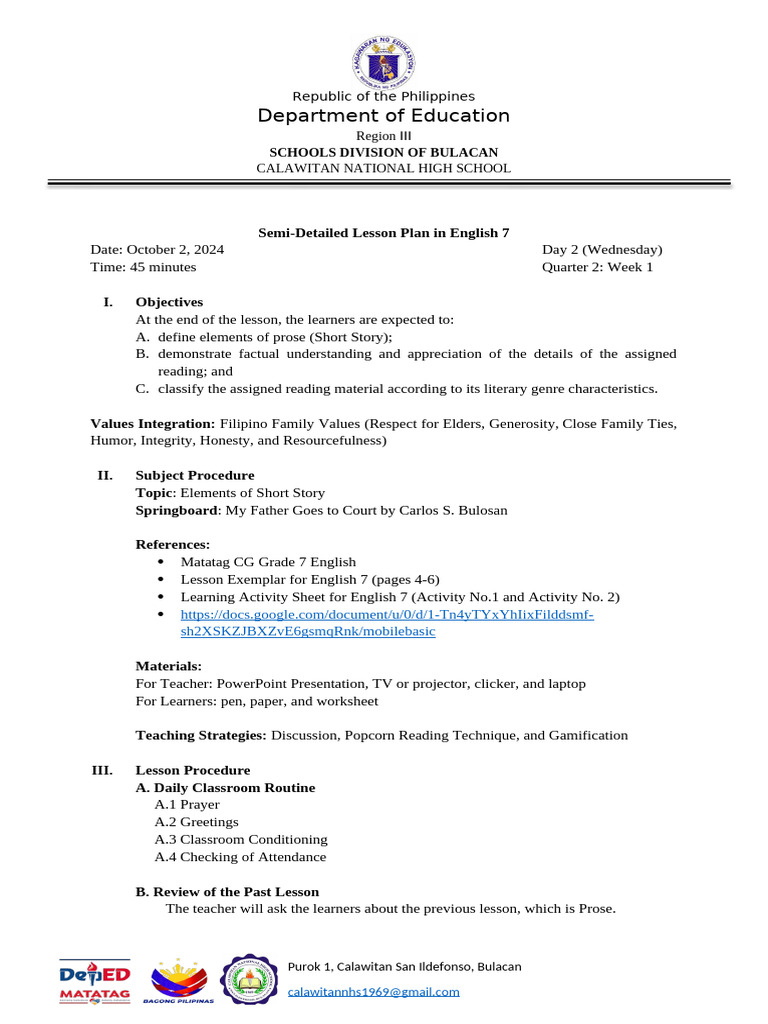 Week 1 Day 2 Eng 7 Semi Detailed Lp Pdf 8742