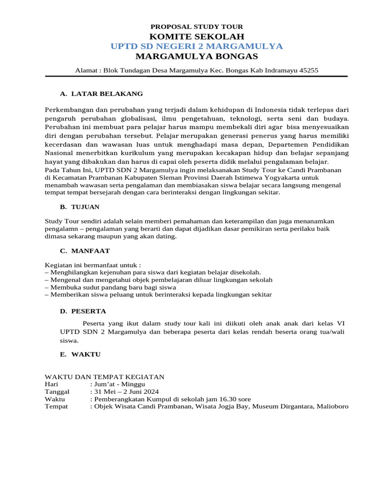 Proposal Study Tour Uptd SDN 2 Margamulya | PDF