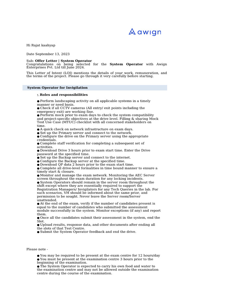 System Operator For TCS Offer Letter | PDF