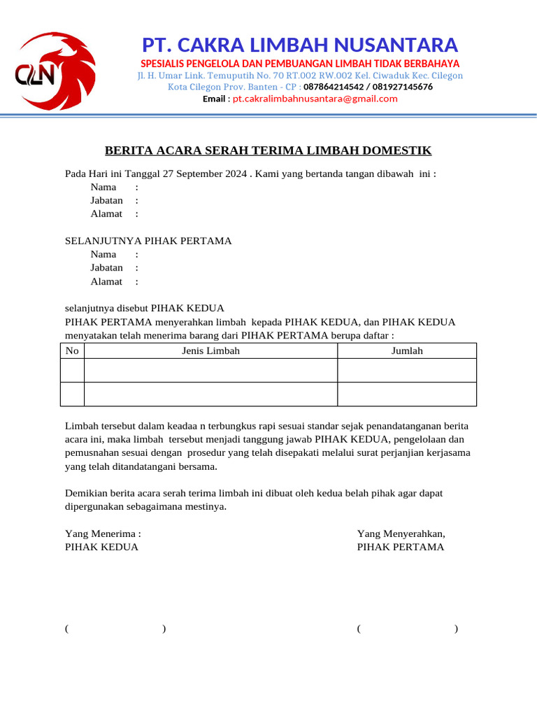 Berita Acara Serah Terima Limbah Domestik | PDF