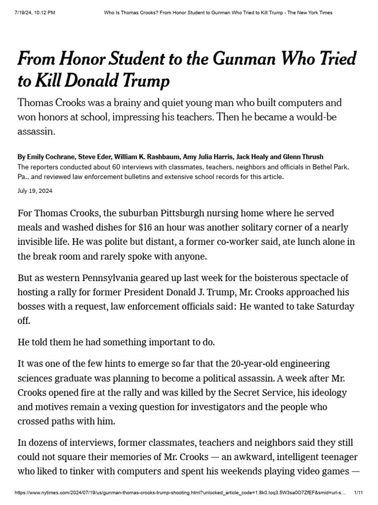 Who Is Thomas Crooks - From Honor Student To Gunman Who Tried To Kill ...