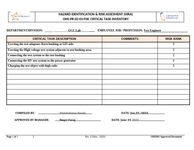 OHS-PR-02-03-F06 Critical Task Inventory | PDF