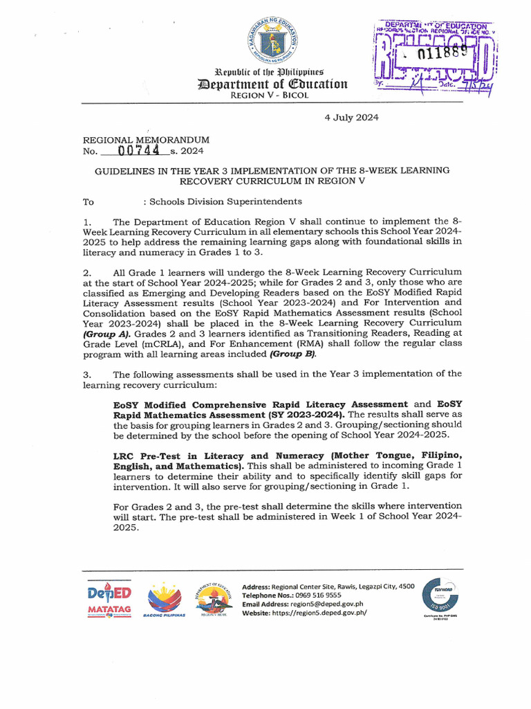 RM - 744 S - 2024 Guidelines in The Year 3 Implementation of The 8 Week Learning Recovery ...
