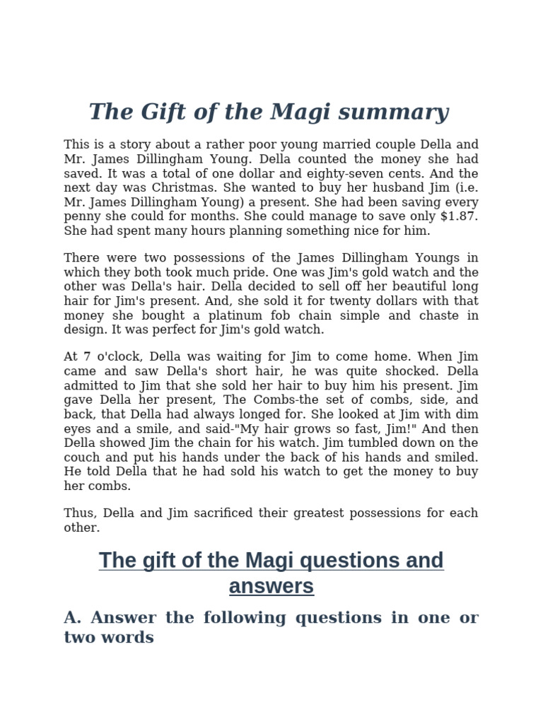 The Gift of The Magi Summary Questions and Answers | PDF