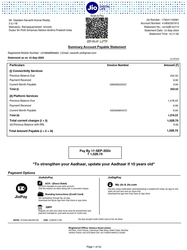 Jio AirFiber Bill Summary for Navanth Reddy | PDF | Credit Card | Payments