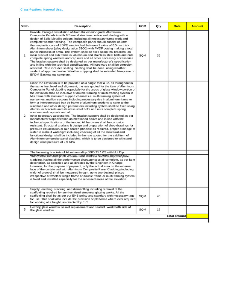 SL No Description UOM Qty Rate Amount: Classification: Internal Use | PDF