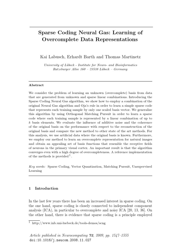 Kai Labusch, Erhardt Barth and Thomas Martinetz - Sparse Coding Neural Gas: Learning of ...