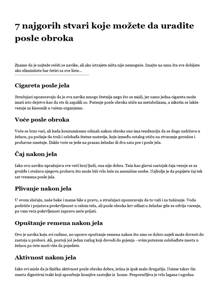 7 Najgorih Stvari Koje Možete Da Uradite Posle Obroka | PDF