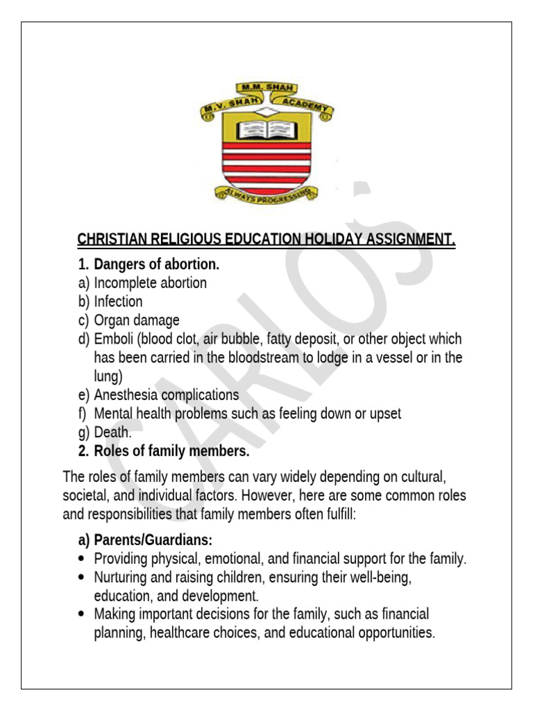 Christian Religious Education Holiday Assignment | PDF