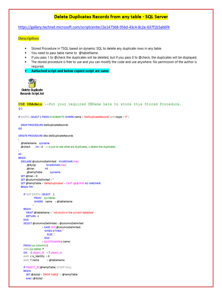 Delete Duplicates Records From Any Table - SQL Server | PDF