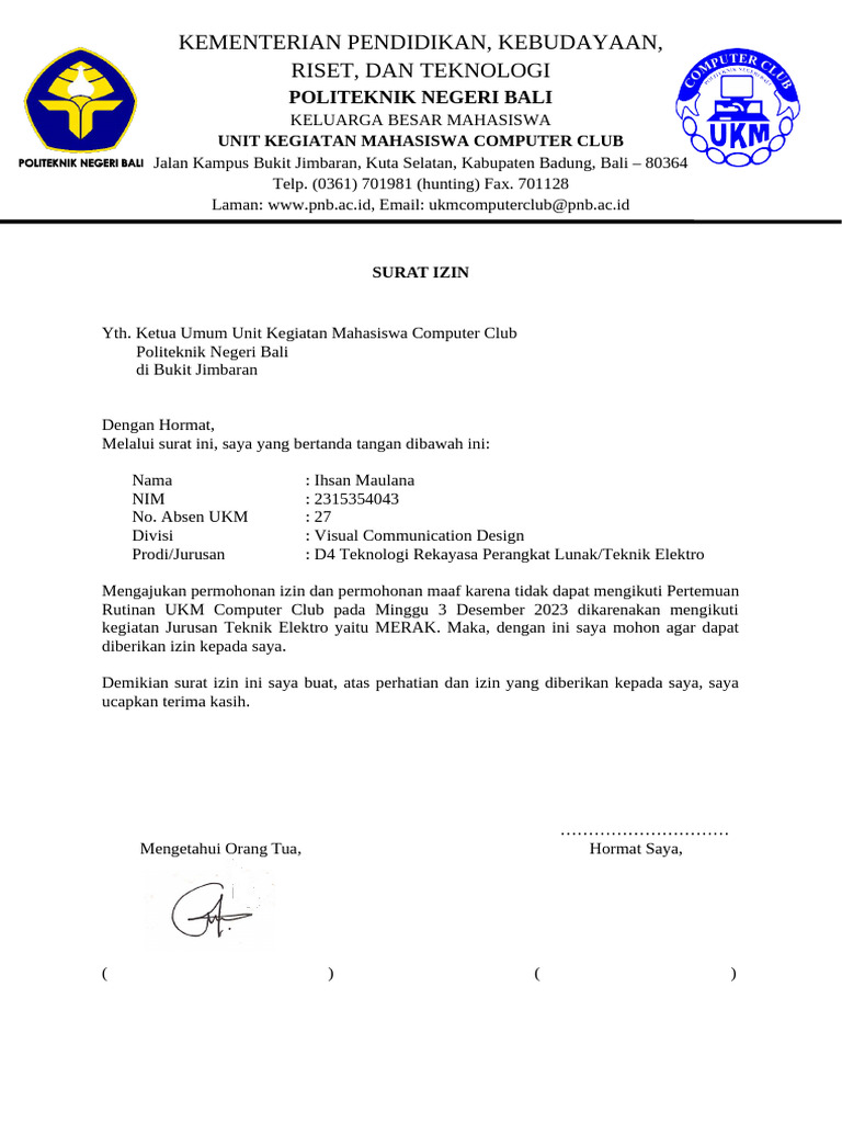 Format Surat Izin Ukm Computer Club | PDF
