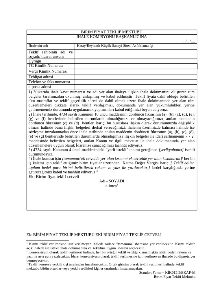 Birim Fiyat Teklif Mektubu Ve Teklif Cetveli | PDF