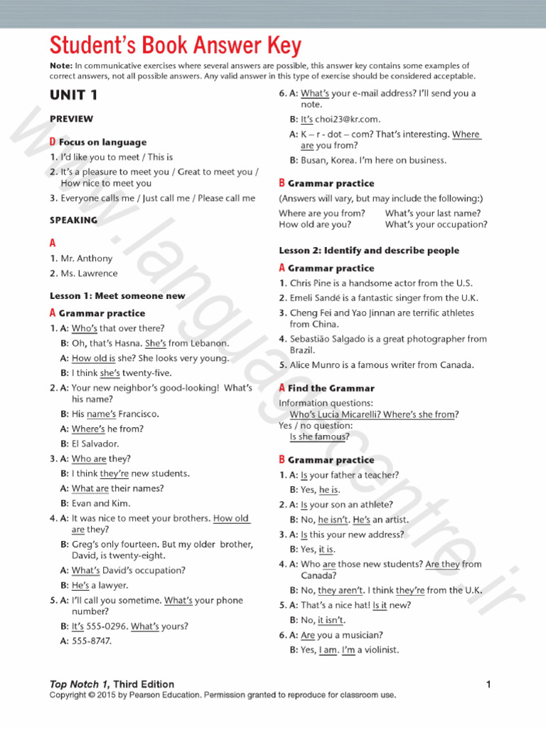 Top Notch 1a SB Answer Key Third Edition | PDF