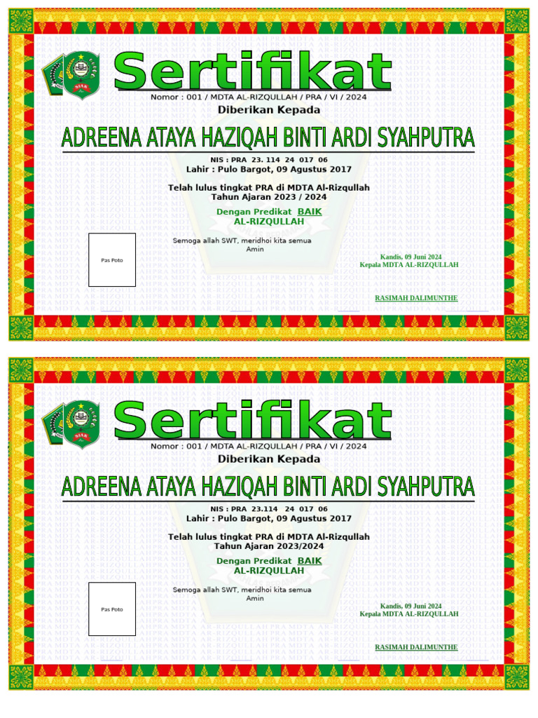 Sertifikat Mdta Arizkullah 2024 | PDF