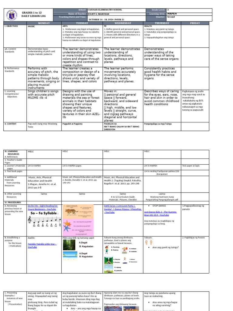 DLL - Mapeh 2 - Q2 - W3 | PDF