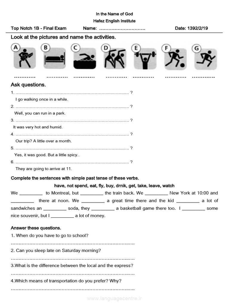 Top Notch 1b - Final Exam | PDF