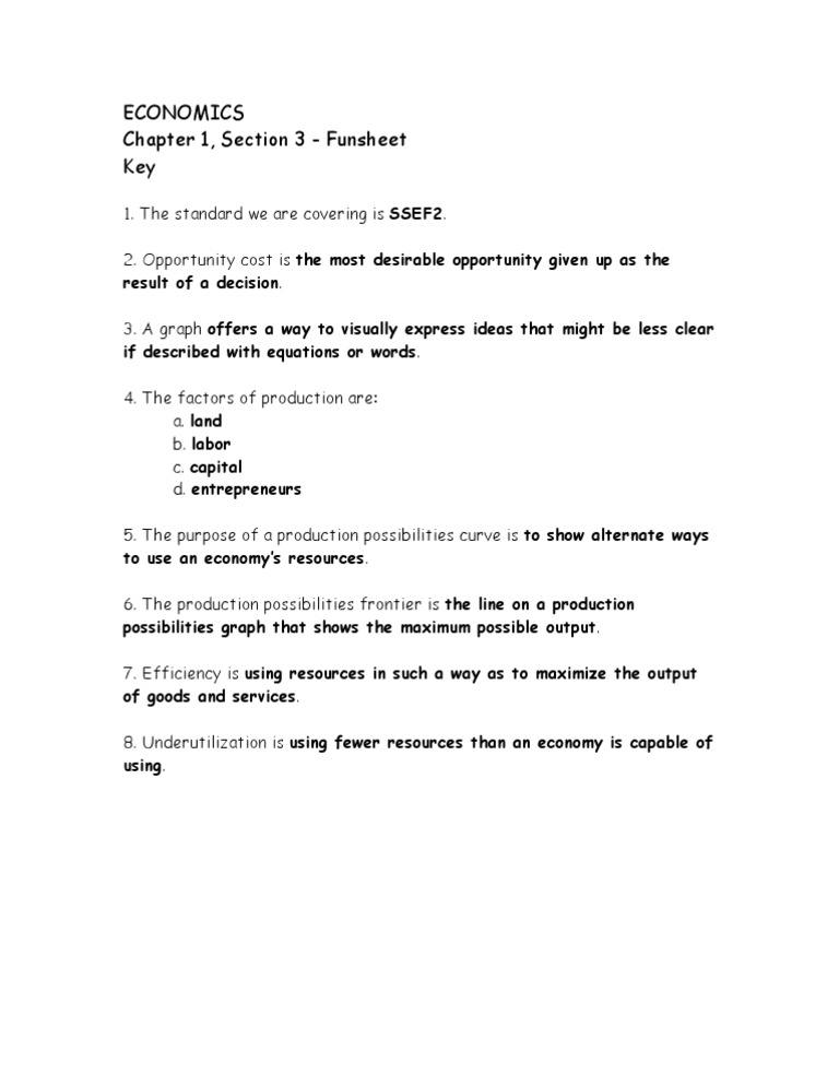 Economics Chapter 1, Section 3 - Funsheet Key: Result of A Decision | PDF
