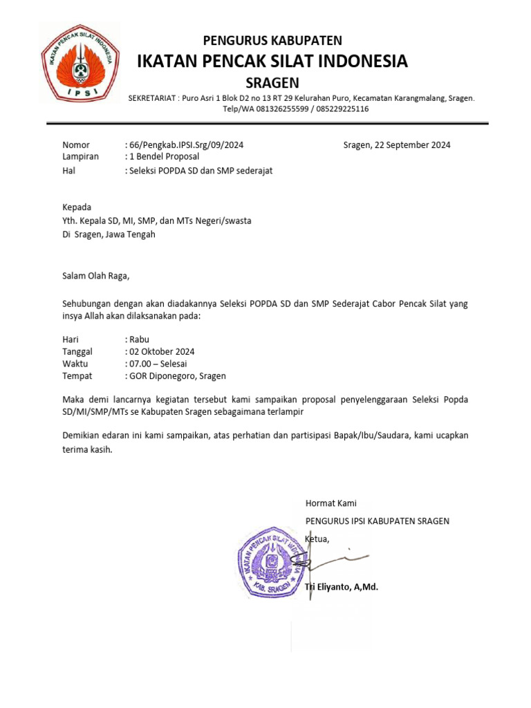 Proposal Seleksi Popda SD, SMP Sragen 2024 | PDF