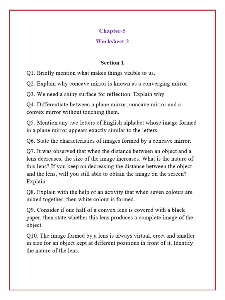 Worksheet Light | PDF | Mirror | Reflection (Physics)