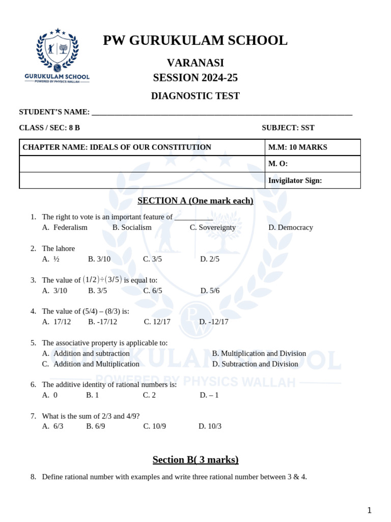 Diagnostic Test Class 8 Format (EDITABLE) | PDF