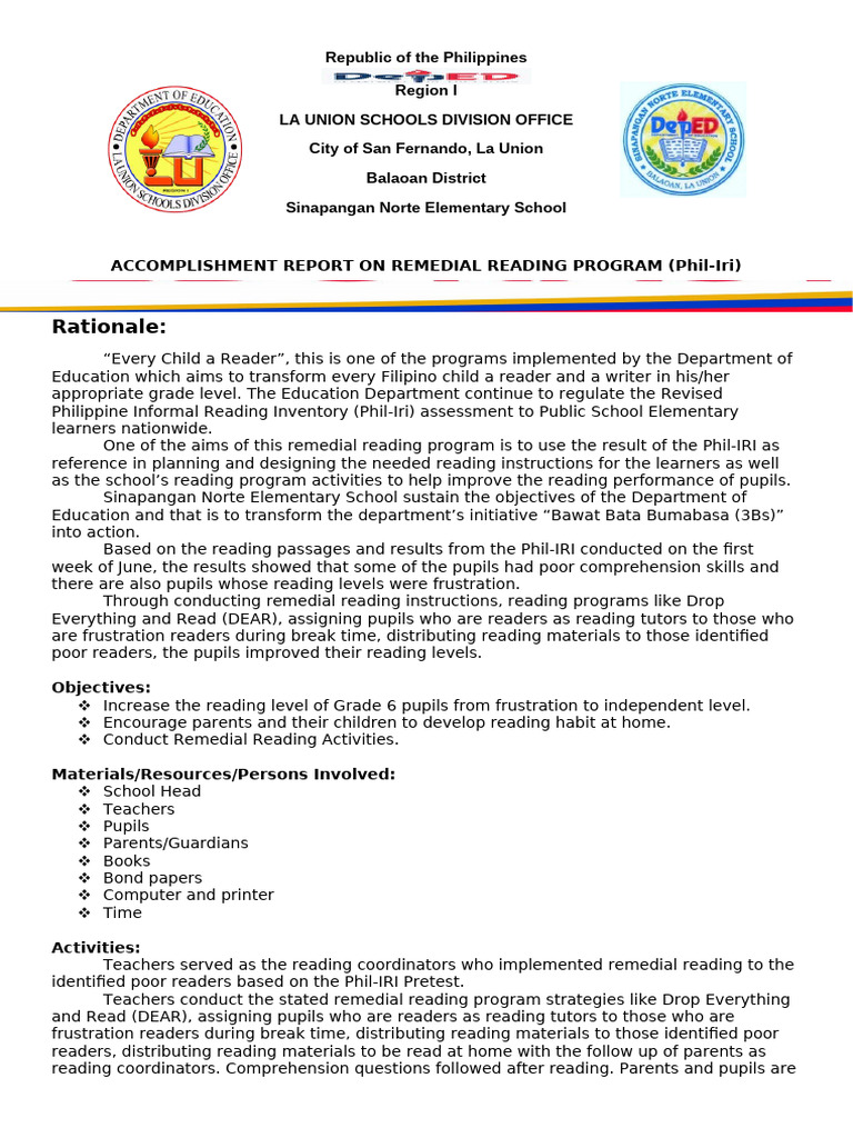 Remedial Reading Accomplishment Report | PDF