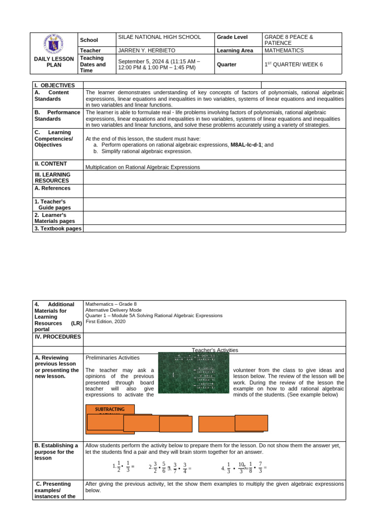 DLP MATH 8 Q1 WEEK 6 Day 3 | PDF | Equations | Variable (Mathematics)
