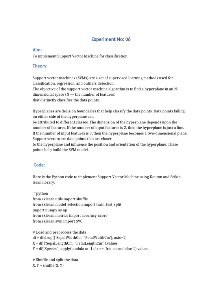 Experiment 6 SVM | PDF | Teaching Methods & Materials | Technology & Engineering