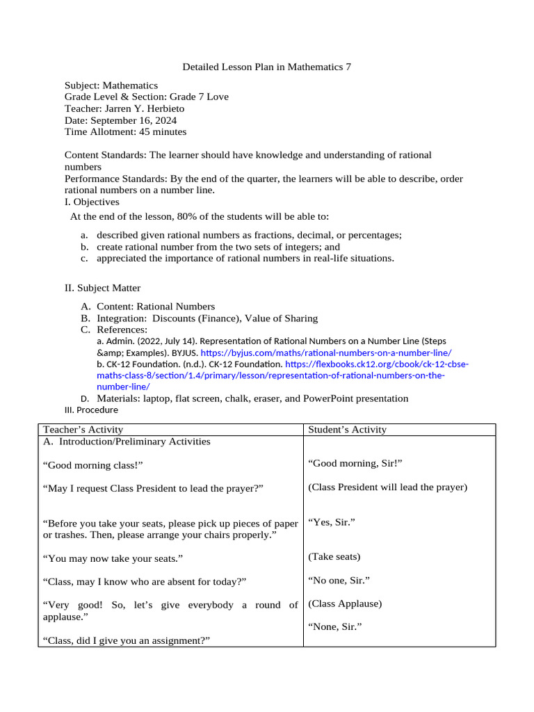 Grade 7 Lesson Plan: Rational Numbers | PDF | Rational Number | Ratio