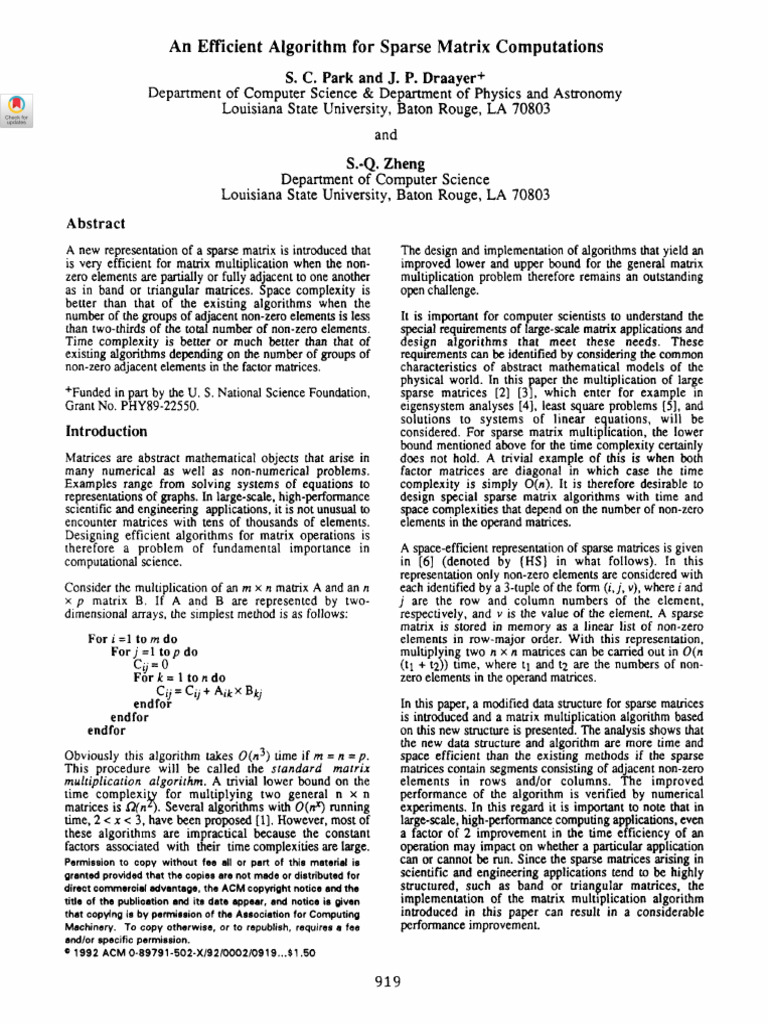 An Efilcient Algorithm For Sparse Matrix Computations S. C. Park and J. P. Draayer+ | PDF