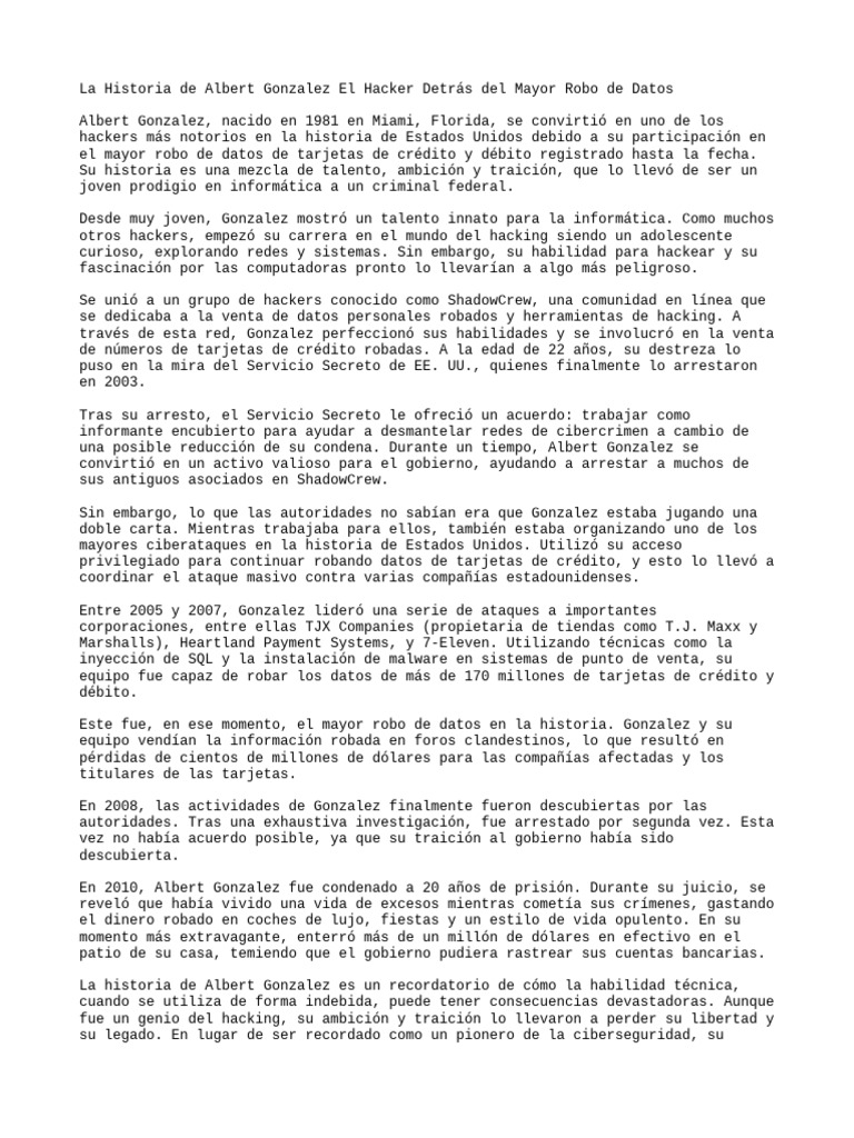 Historia de Albert Gonzalez El Hacker Detrás Del Mayor Robo de Datos | PDF