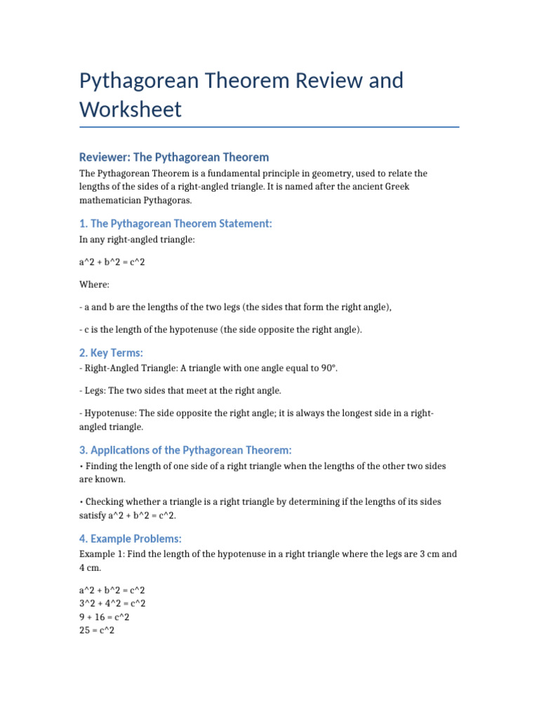 Pythagorean Theorem Review and Worksheet | PDF