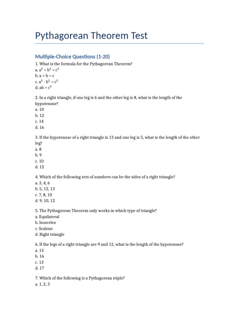 Pythagorean Theorem Test | PDF