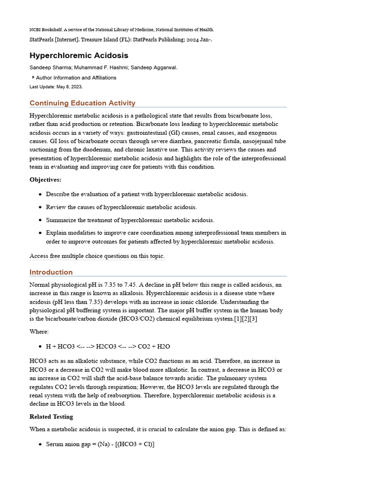 Hyperchloremic Acidosis - StatPearls - NCBI Bookshelf | PDF