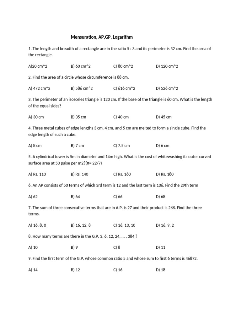 Mensuration, AP, GP, Log, Trig | PDF