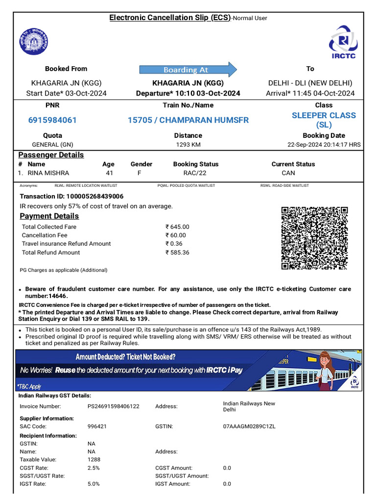 Champaran Humsfr Sleeper Class (SL) : Electronic Cancellation Slip (ECS) | PDF
