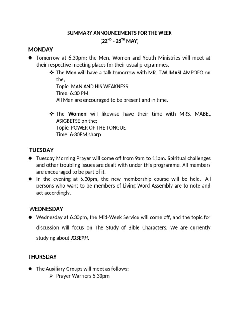 Weekly Church Announcements (May 22-28) | PDF