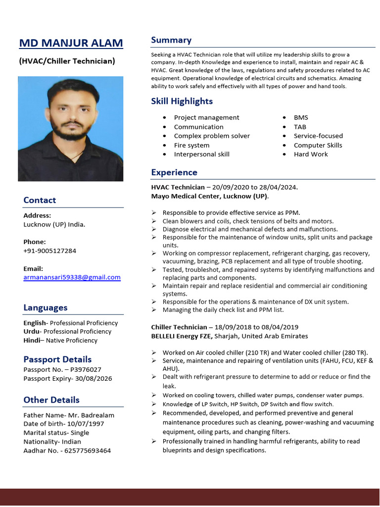 Manjur Alam - HVAC Technician | PDF