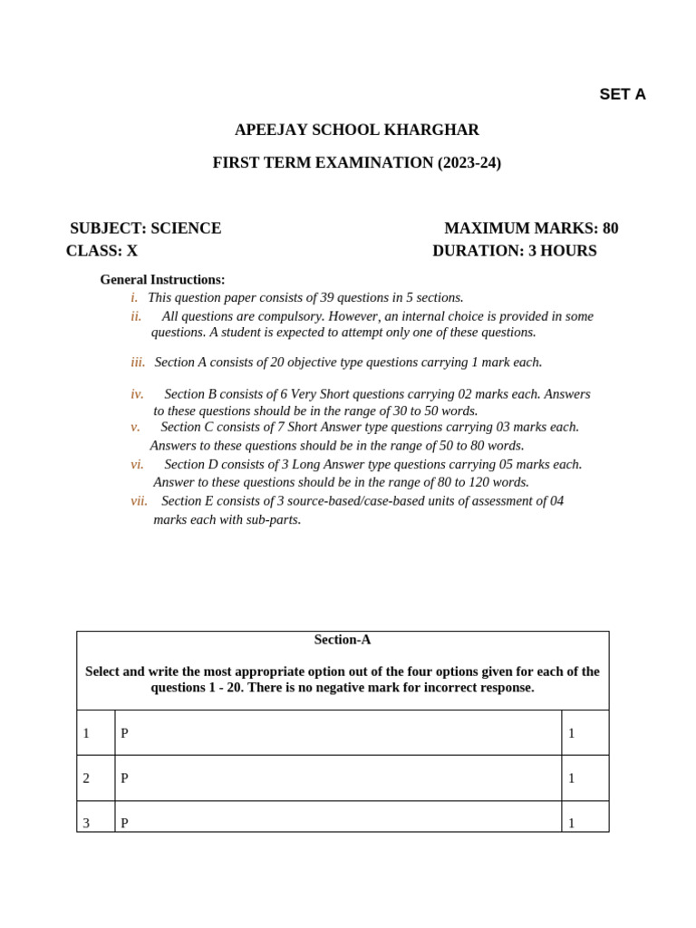 Science Sample Paper Term1 | PDF