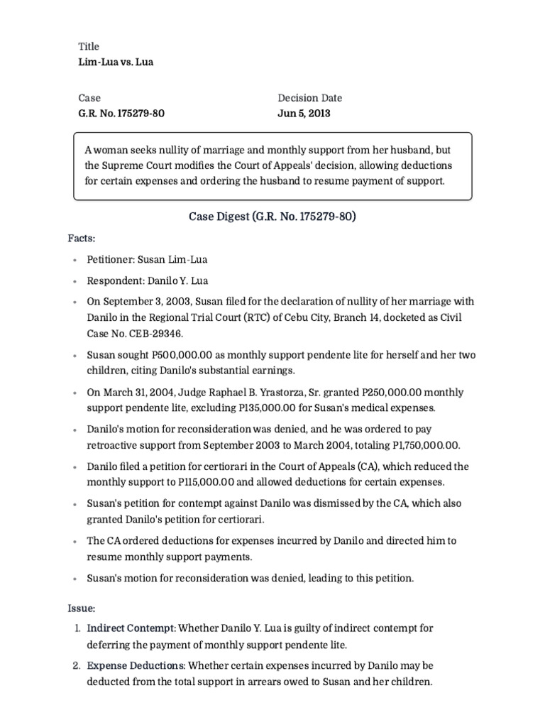 Case Digest - G.R. No. 175279-80 - Lim-Lua vs. Lua | PDF