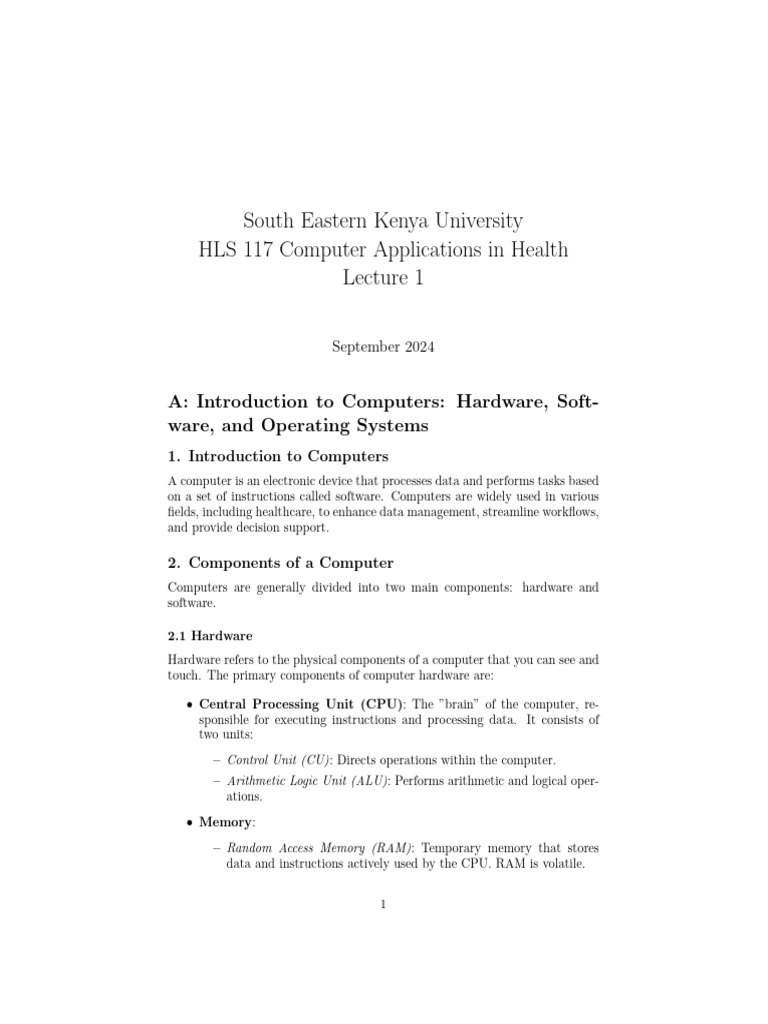 HLS 117 Computer Applications in Health Lecture 1 | PDF | Computer Data Storage | Computer Hardware
