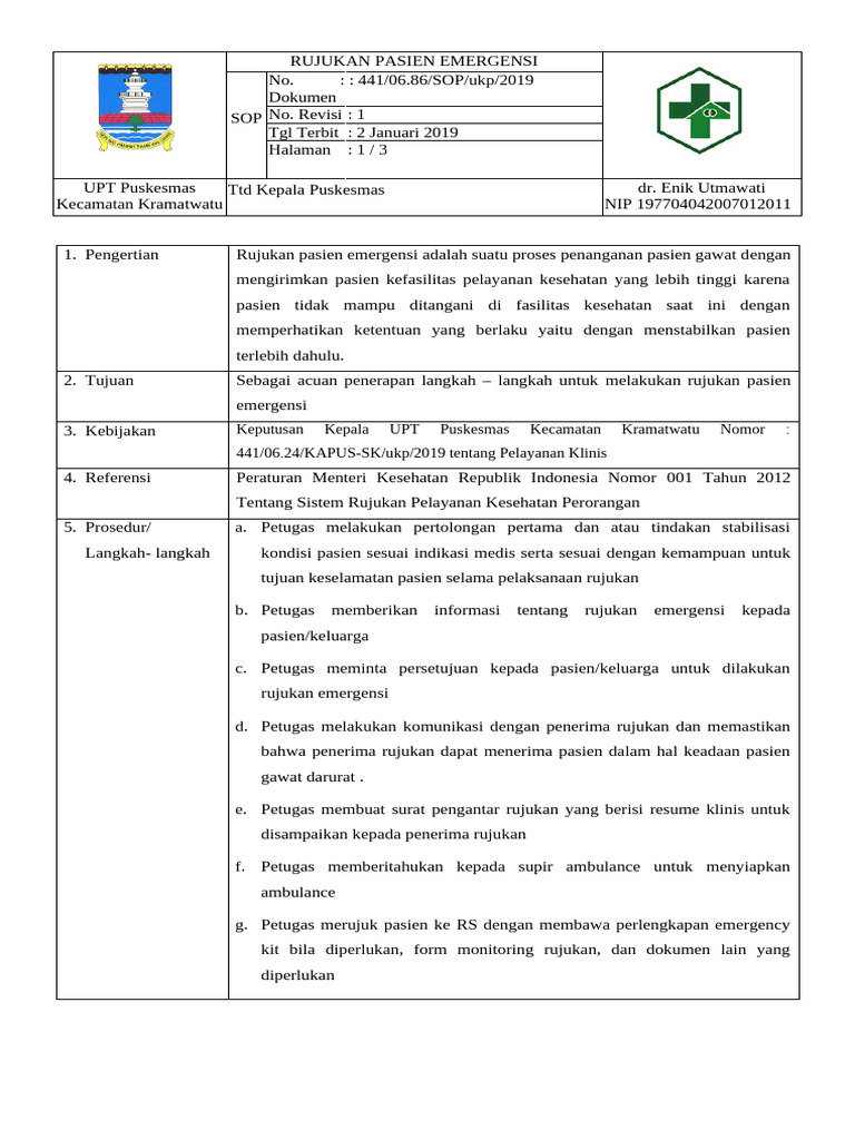 Template SOP Rujukan Pasien Emergensi | PDF